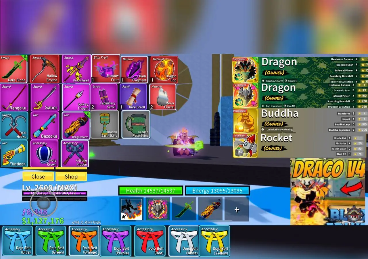 $68.22で🔥 [Level 2600 Max] ⚡ Rare DRACO V4 Race 🐉 + 7 Dojo Belts 🏅 PERM ...