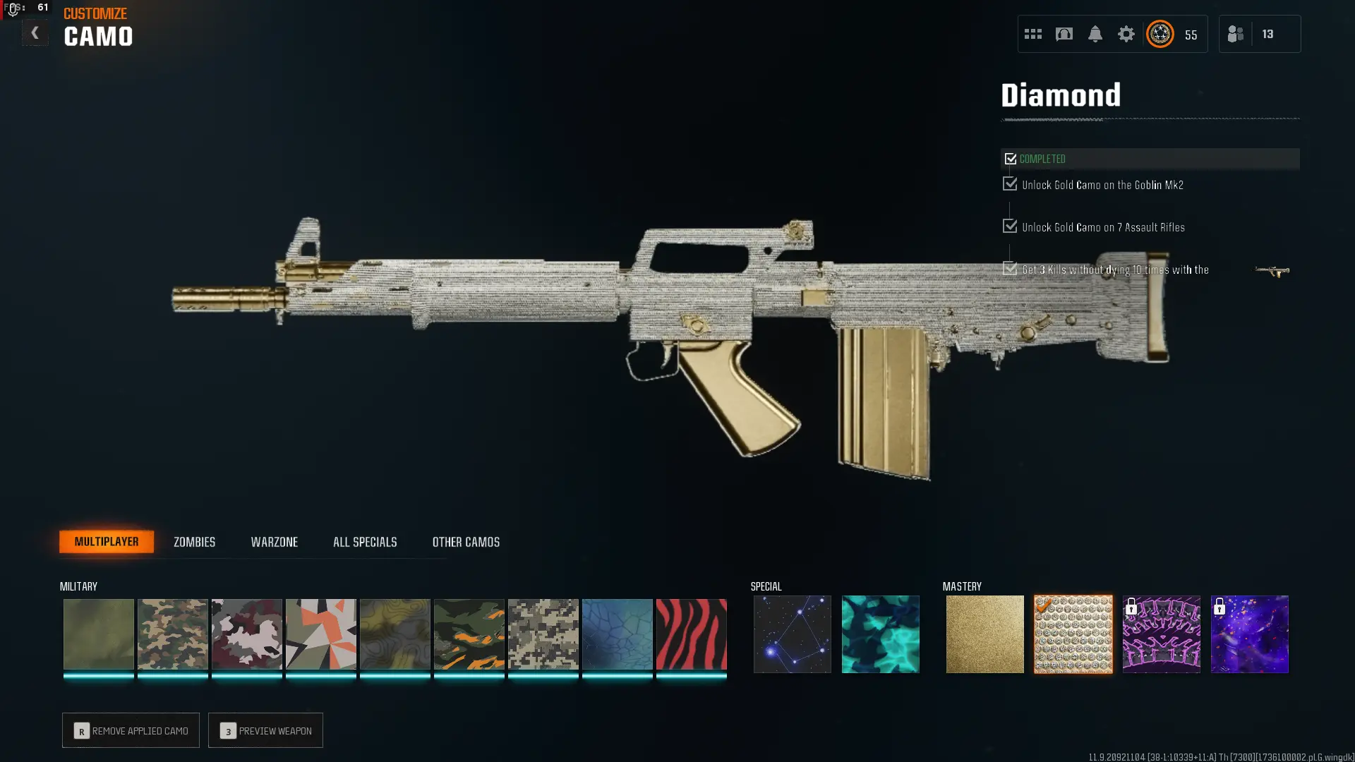Buy BO6 Level 55 🔥 13 diamond (AR , SMGs) 13 gold camos 🔥 270 Camos 💥 20 Operators Account 💯 🔥 ...