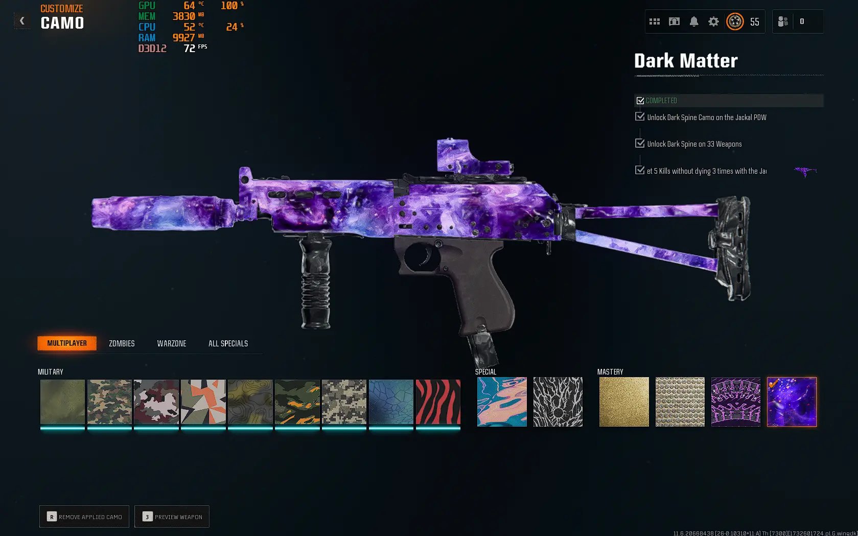 Buy BO6 Ultimate Setup 🔥 | Dark Matter + 495 Camos 🎨 | 50 Wins 🏆 ...