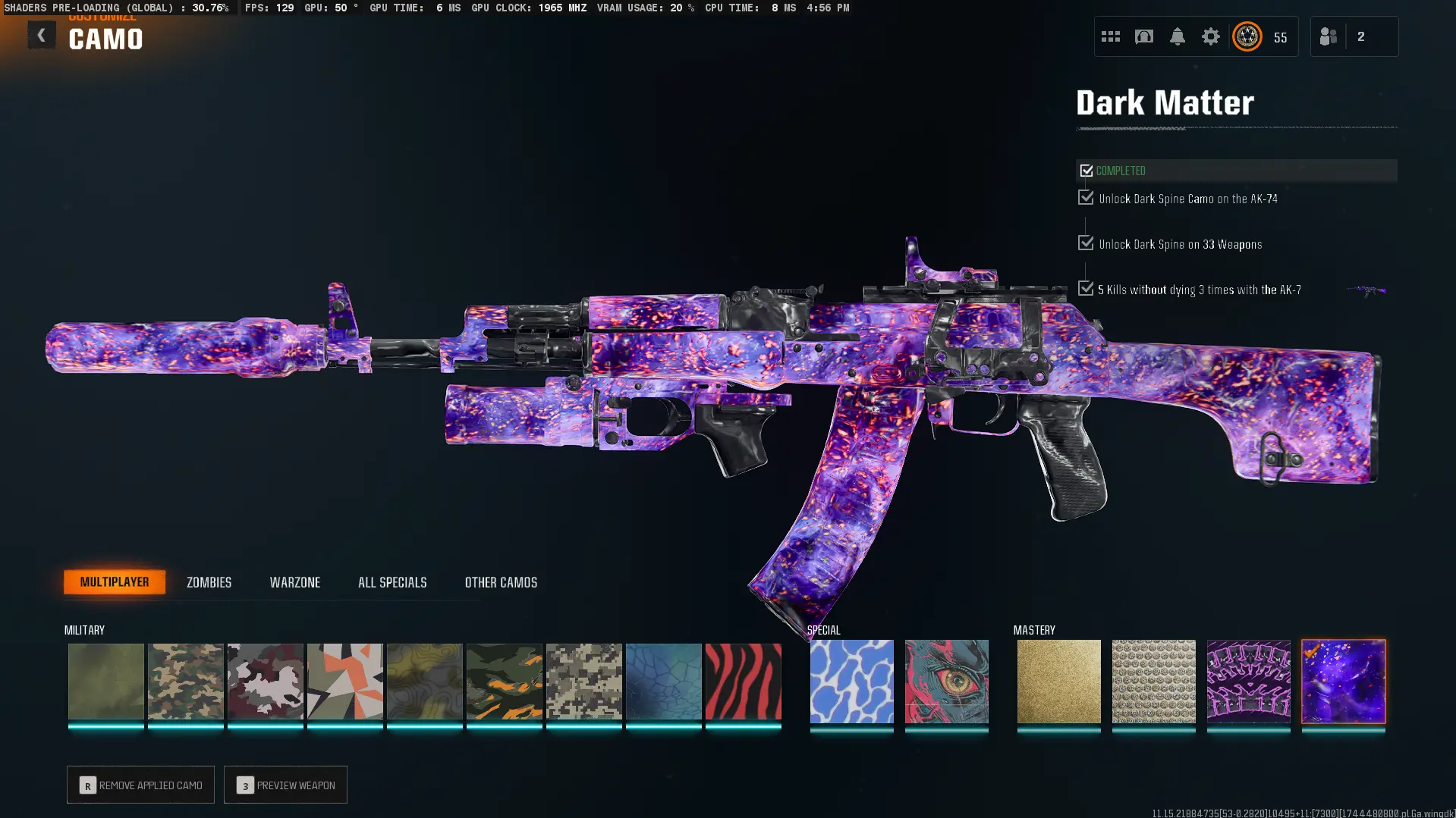Buy 💠 BO6 Dark Matter + 50 Wins 🥇 | 495+ Camos 🖌️ | Max Level 55 ⚡ ...