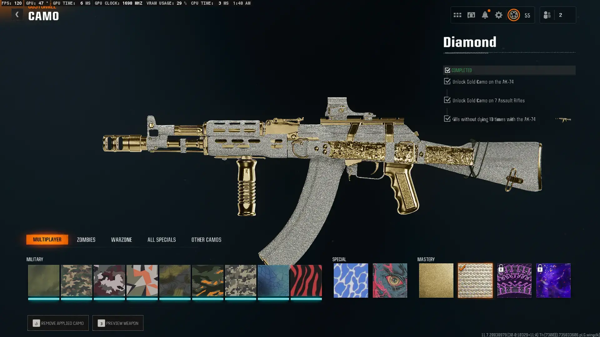 Buy 🏹 BO6 💍 13 Diamond (Ladra) 🎯 55+50W 🛡️ 195 Camos 🔓 13 Diamond ⭐ 15 ...