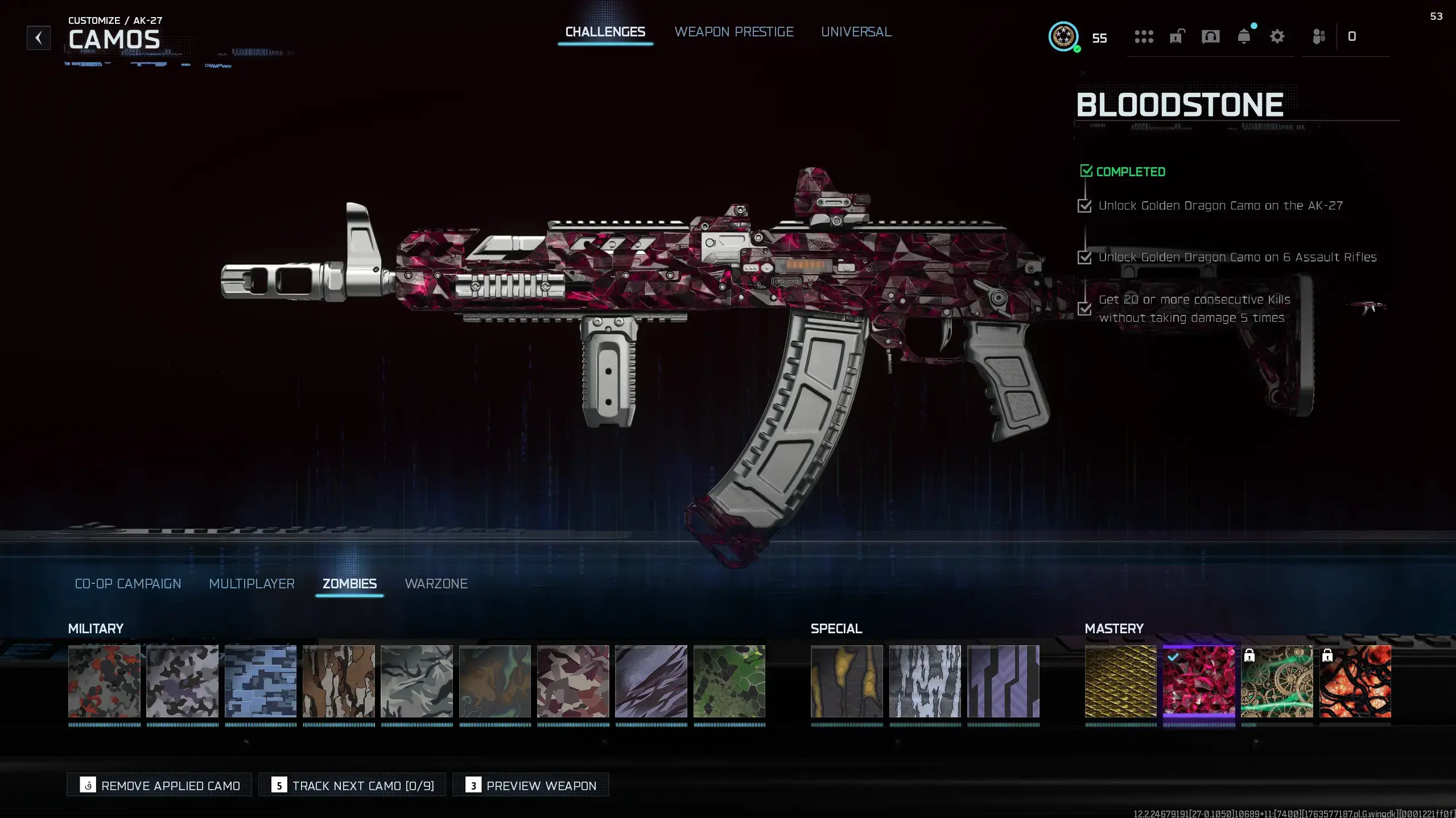 Buy BO7 ZOMBIE CAMO ACCOUNT 💠 LVL 55 ⚡ 6 Bloodstone Diamond 🩸 6 Golden ...