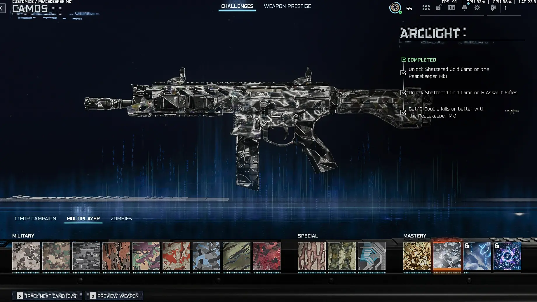 Buy 🏅BO7 🏅6 Arclight 🌠 78 Camos 🧨 6 Shattered Gold 🔫 SMGs 🎖 Level 55 🐺 ...