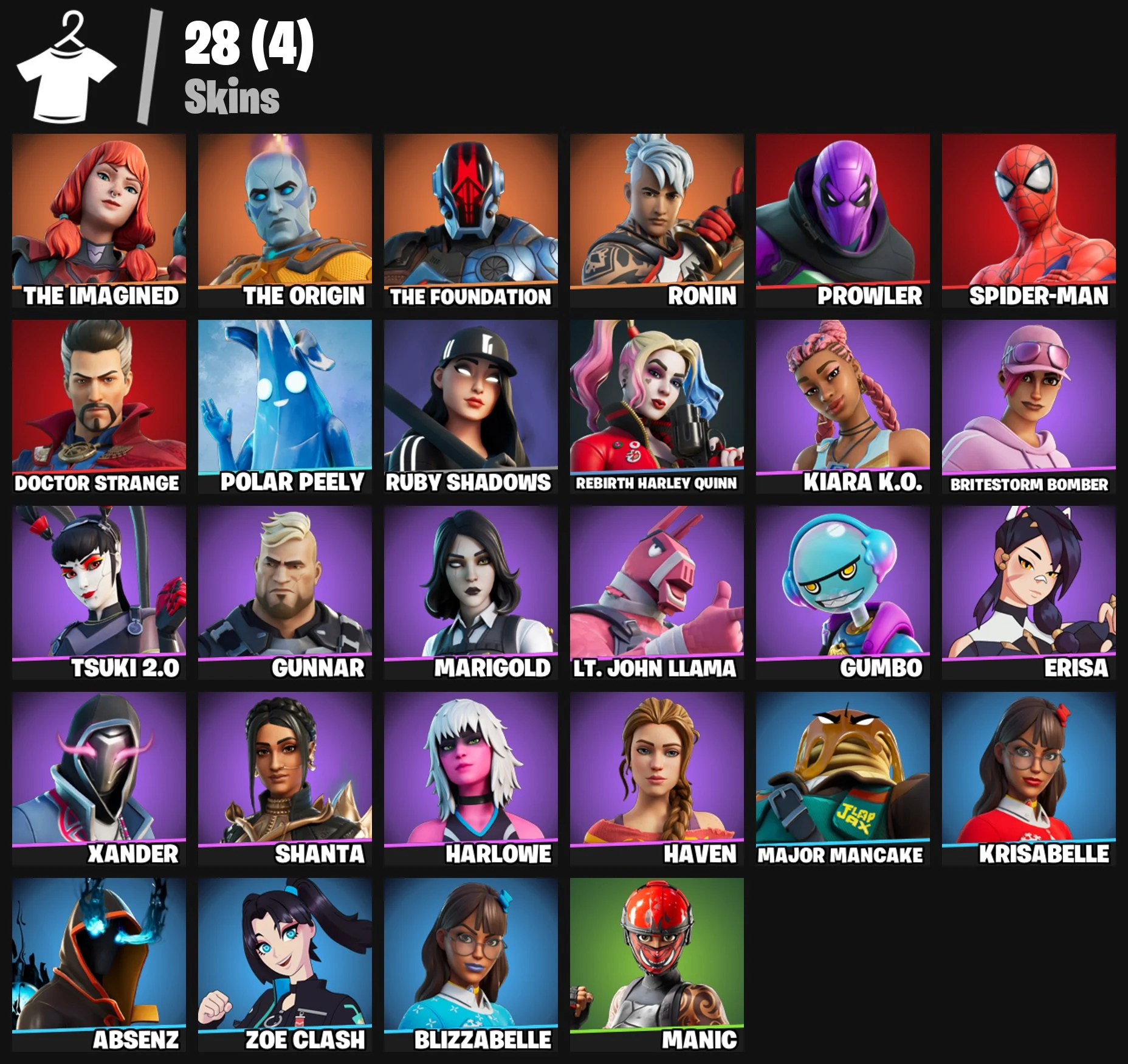 Buy 💎28 Skins🪐 Manic 💫 Absenz 🪐 Rebirth Harley Quinn 🌌 Spider🦋man 💫 The