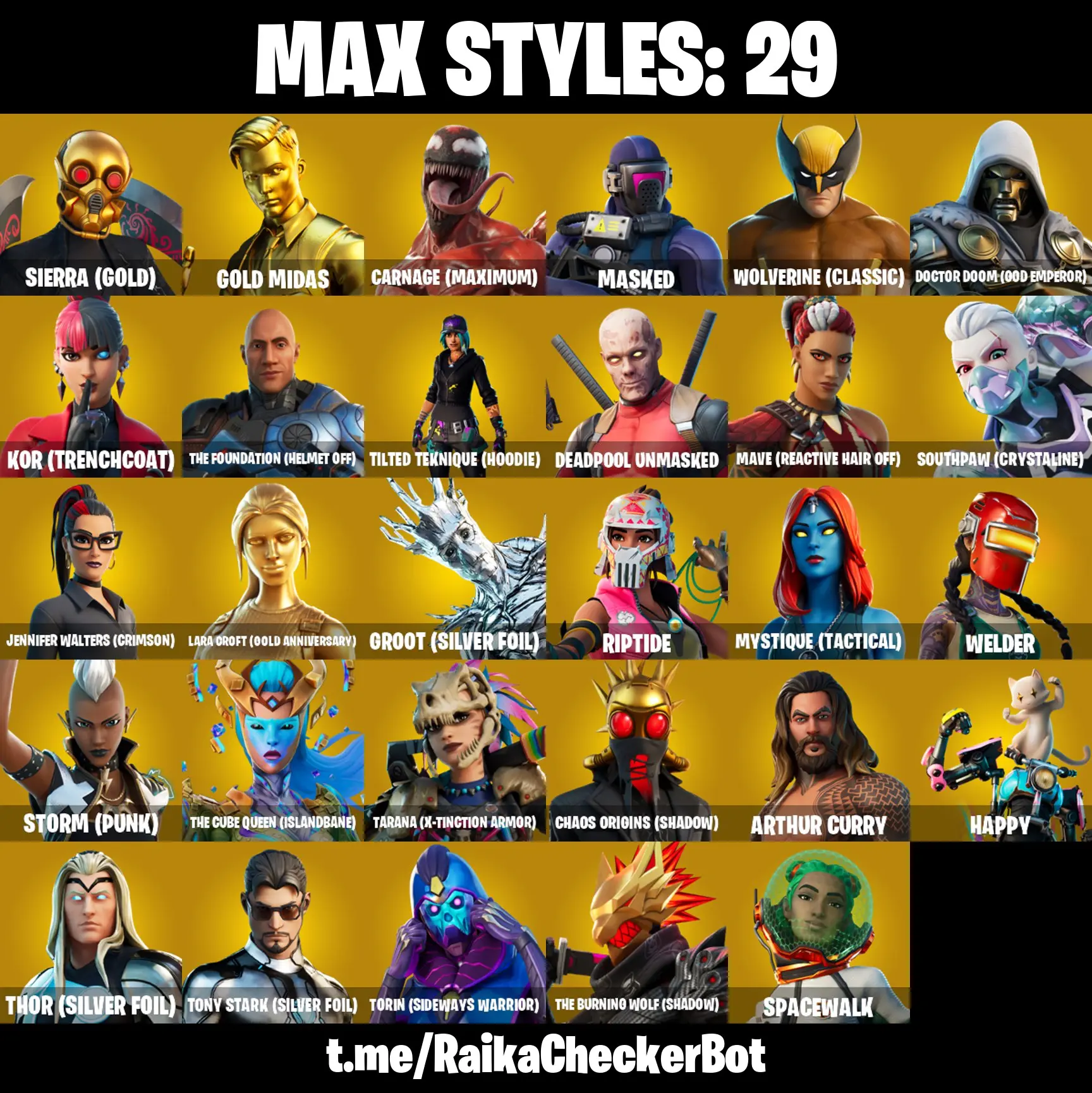 Buy π 122 Skins π Gold Midas π Lara Croft π Harley Hitter π Tony Stark