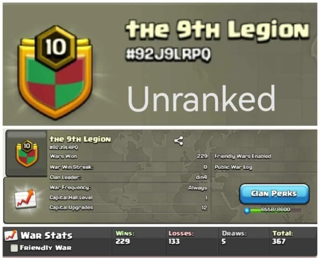 Achetez [LEVAL-10] LEGION CLAN ⚡ CC-1 ⚡ BEST FOR CWL ⚡ UNRANKED ⚡ CHEAPEST ⚡VA9 pour $16.33 ...